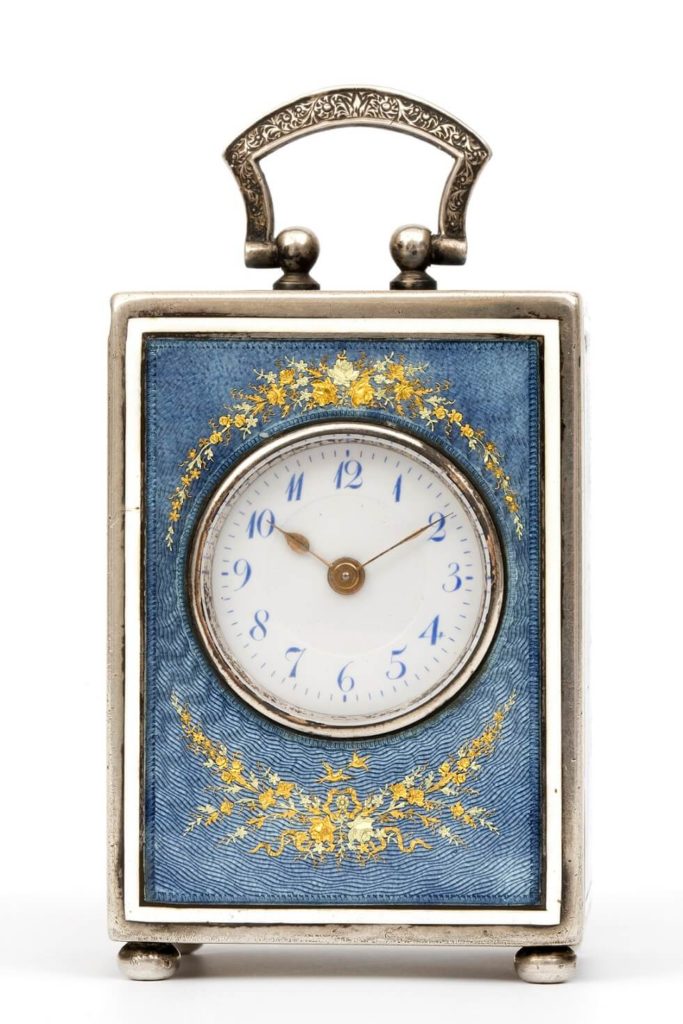A Swiss silver miniature translucent enamel travel clock, circa 1920 ...