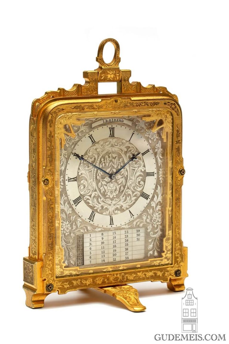 A pre-signed and numbered English engraved gilt brass strut clock by ...