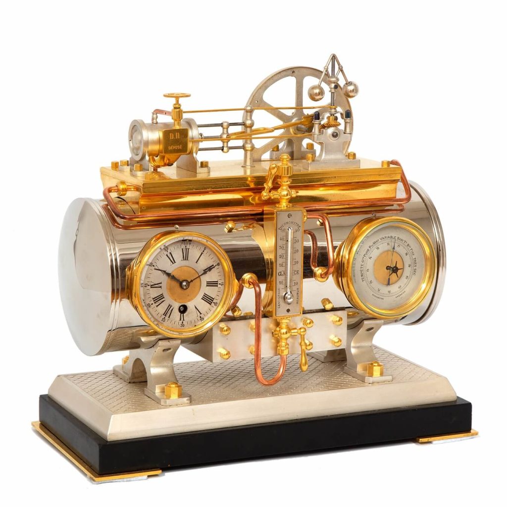 An attractive French industrial mantel clock 'boiler' by Guilmet, circa ...