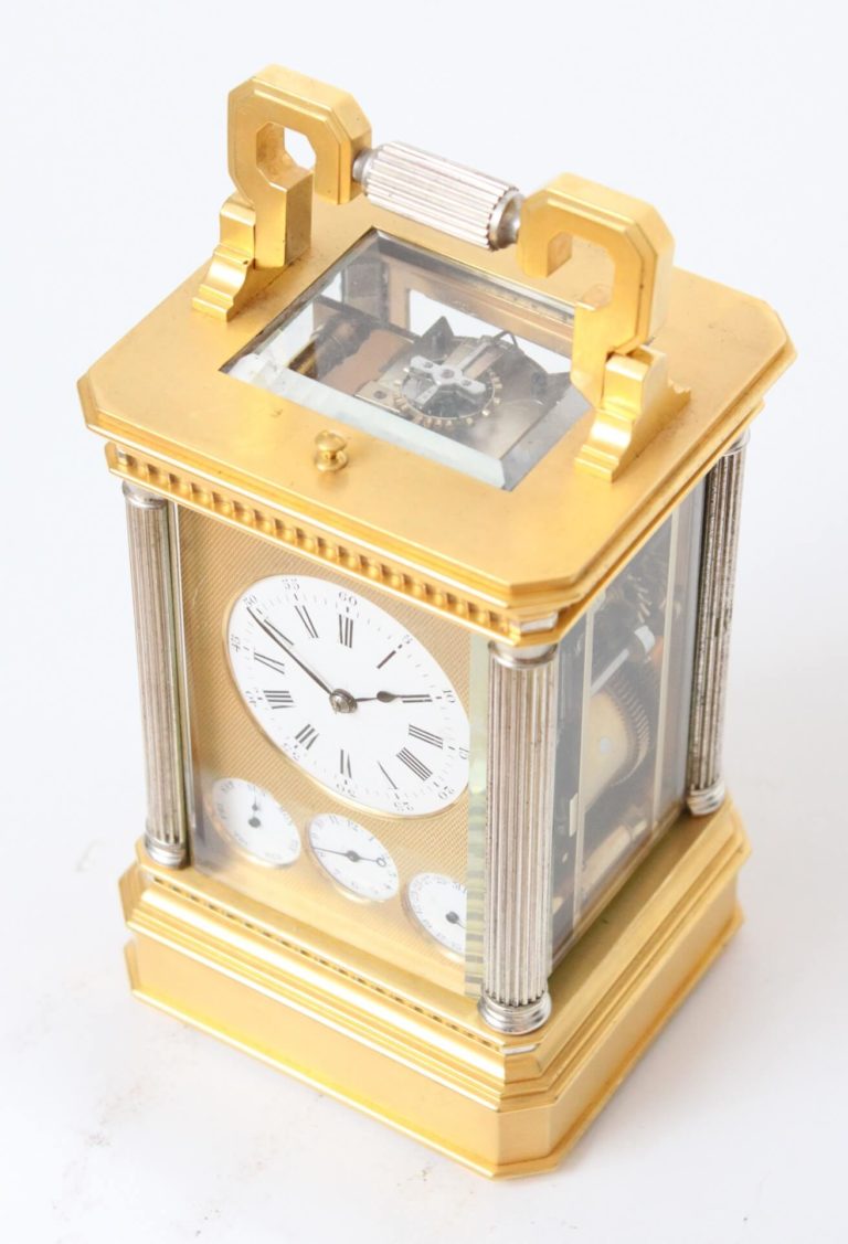 A fine French gilt and silvered Anglaise carriage clock with calendar ...