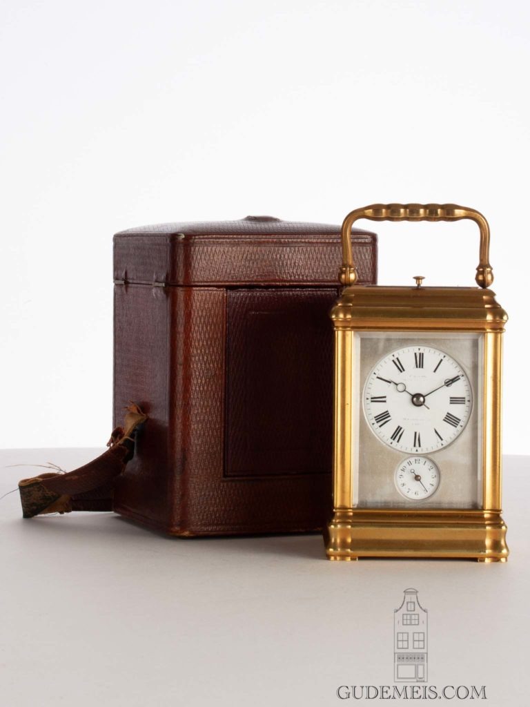 A small French gilt brass gorge case striking and alarm carriage clock ...