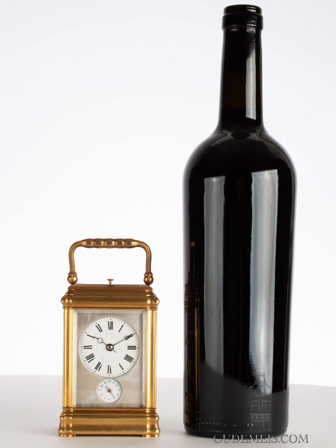 A small French gilt brass gorge case striking and alarm carriage clock ...