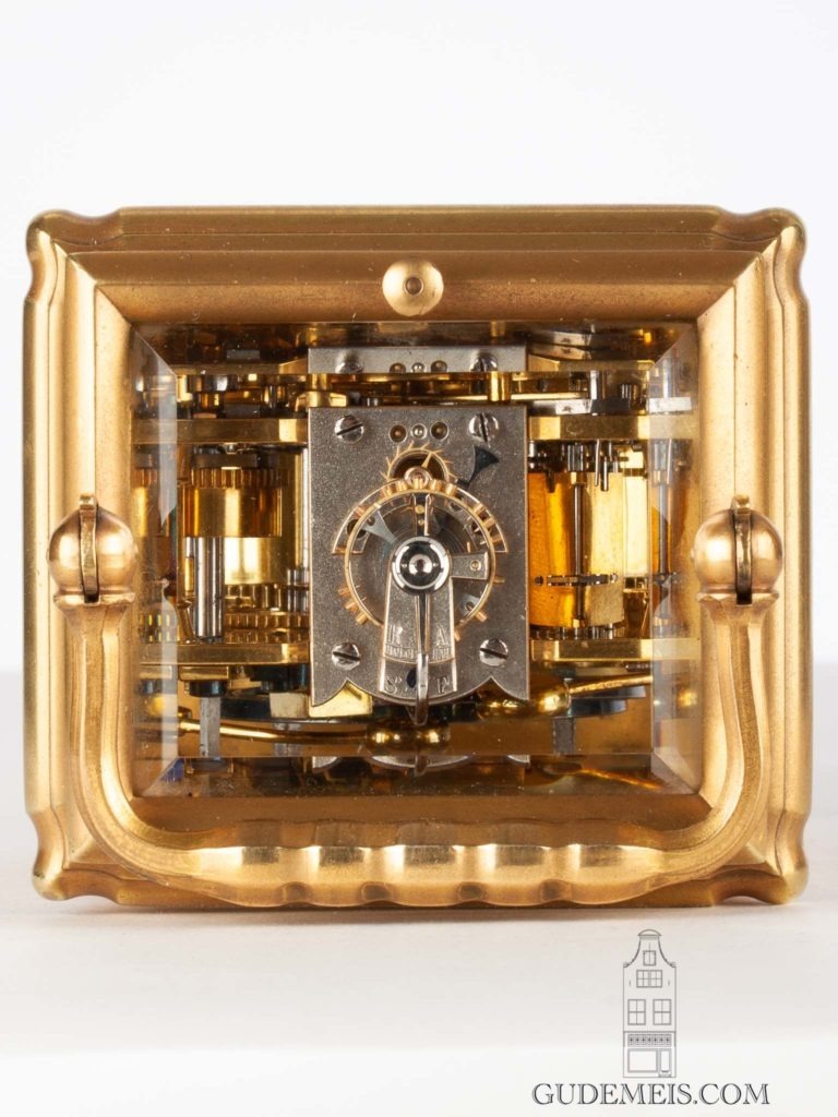 A small French gilt brass gorge case striking and alarm carriage clock ...