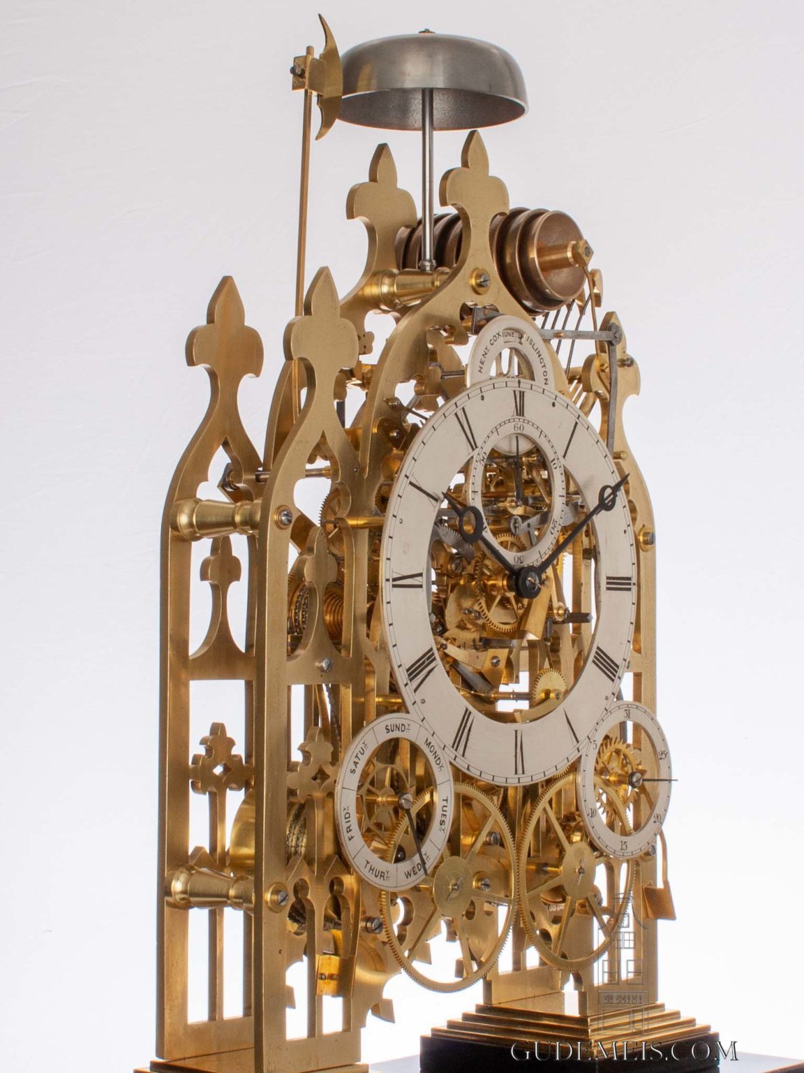 A large English brass quarter chiming skeleton clock with calendar, H ...