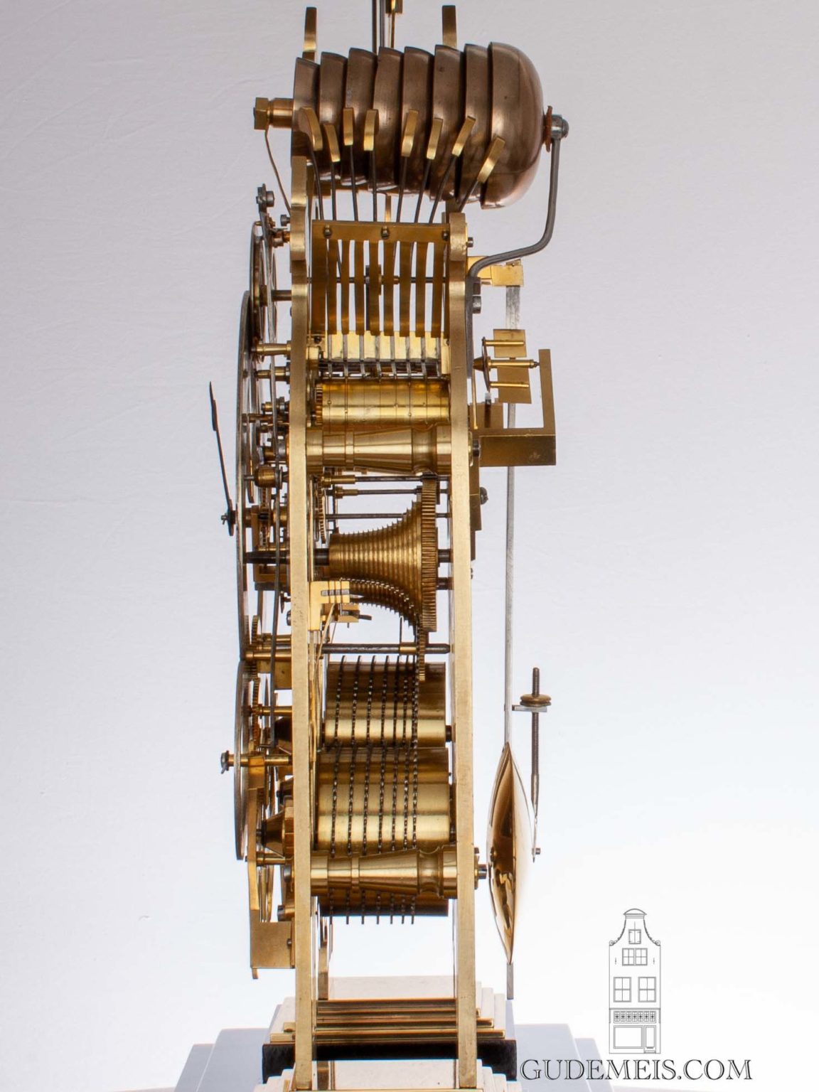 A large English brass quarter chiming skeleton clock with calendar, H ...