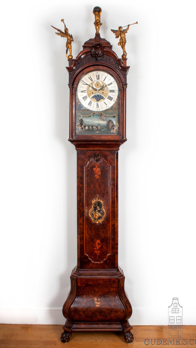 A fine Dutch burr walnut Amsterdam longcase clock with ships automaton ...