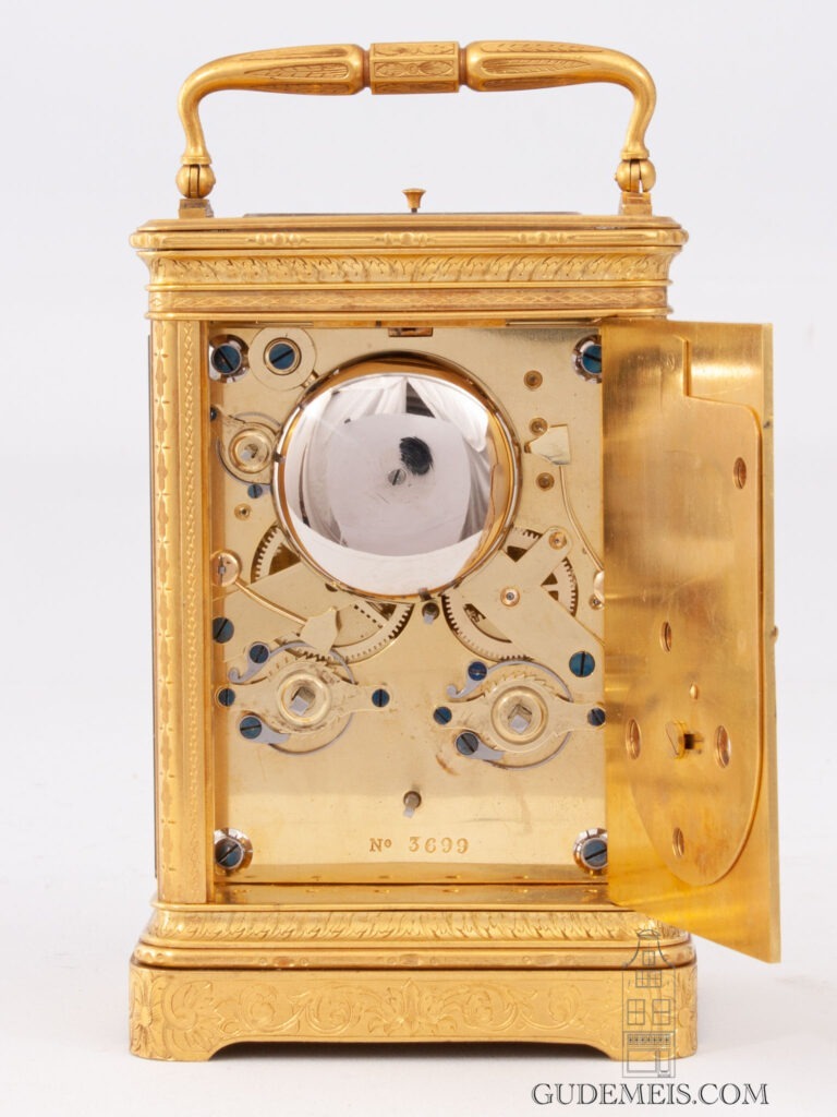 An early French engraved gilt brass striking and alarm carriage clock ...