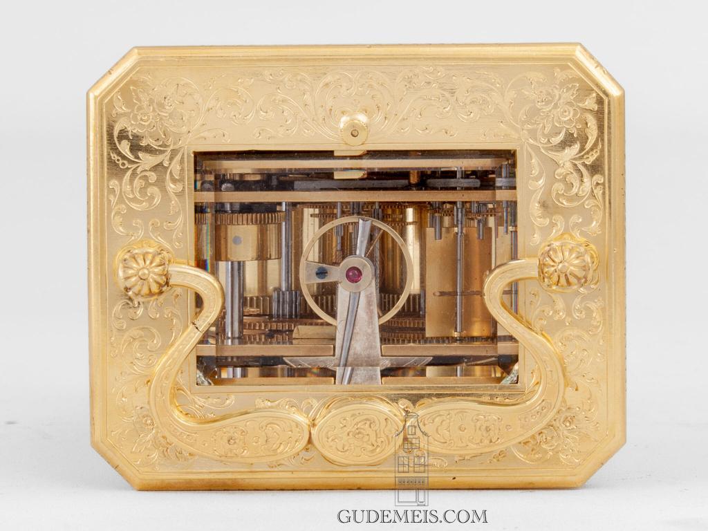 A French engraved gilt carriage clock with chaff-cutter escapement ...